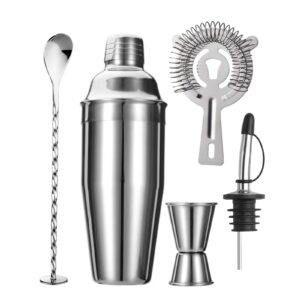 zpufaw 5-piece cocktail shaker set 24oz shaker strainer jigger t-mixing spoon pour spout bartender kit stainless steel bar set housewarming gift