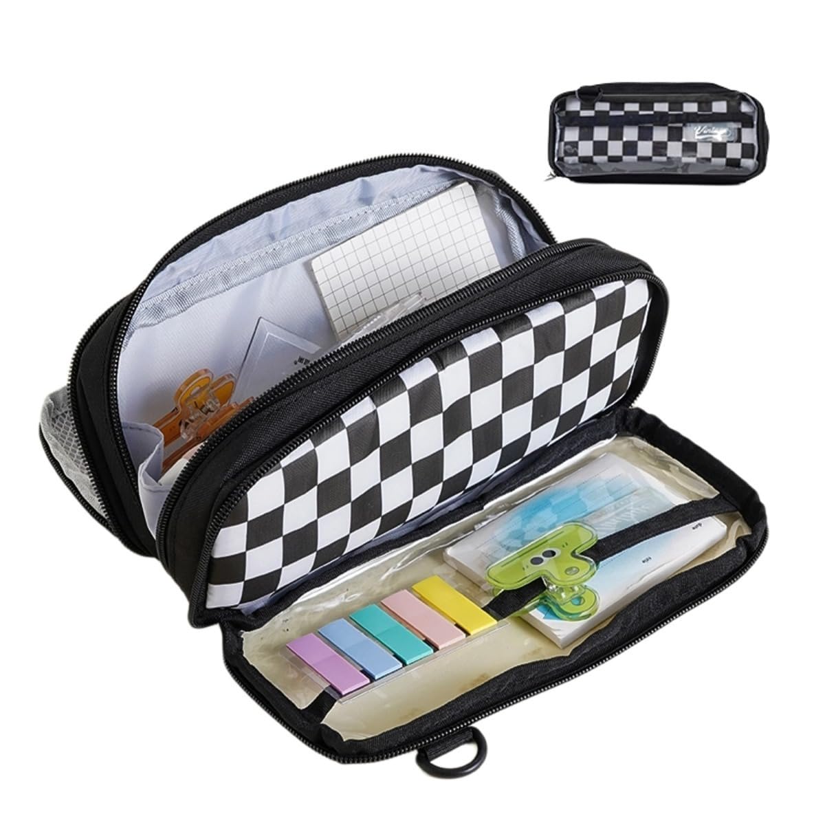 pzq ITA Pencil Pouch Large Capacity Checkered Pencil Case with Zipper Organizer transparent Pencil Bag (Black)