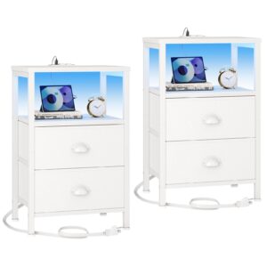 furologee nightstands set of 2, end tables set of 2 with charging station and led lights, white night stands with 2 fabric drawers, bedside tables for living room/bedroom