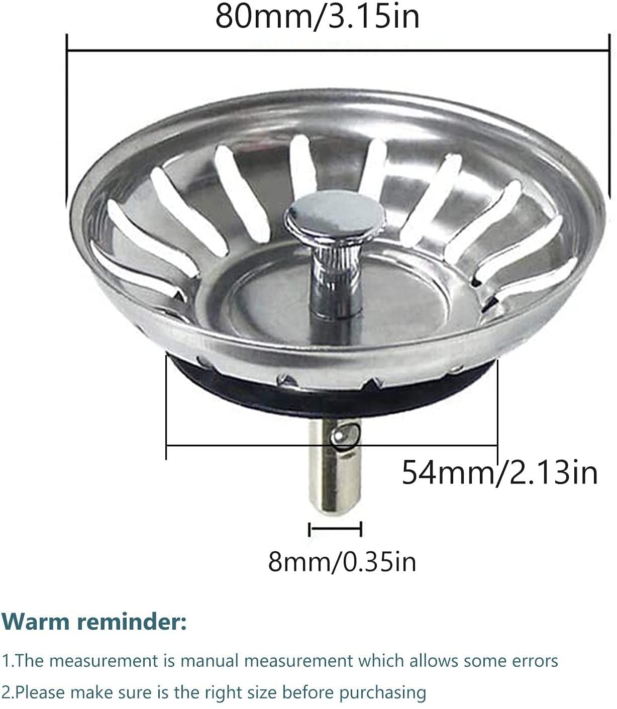 Kitchen Sink Strainer Kitchen Sink Plug, 2 Pack Universal Sink Plugs Bath Plug Strainer Plug, Thickened Stainless Steel Sink Plug Strainer For Kitchen Bathroom Home Office Hotel, Diameter 80Mm