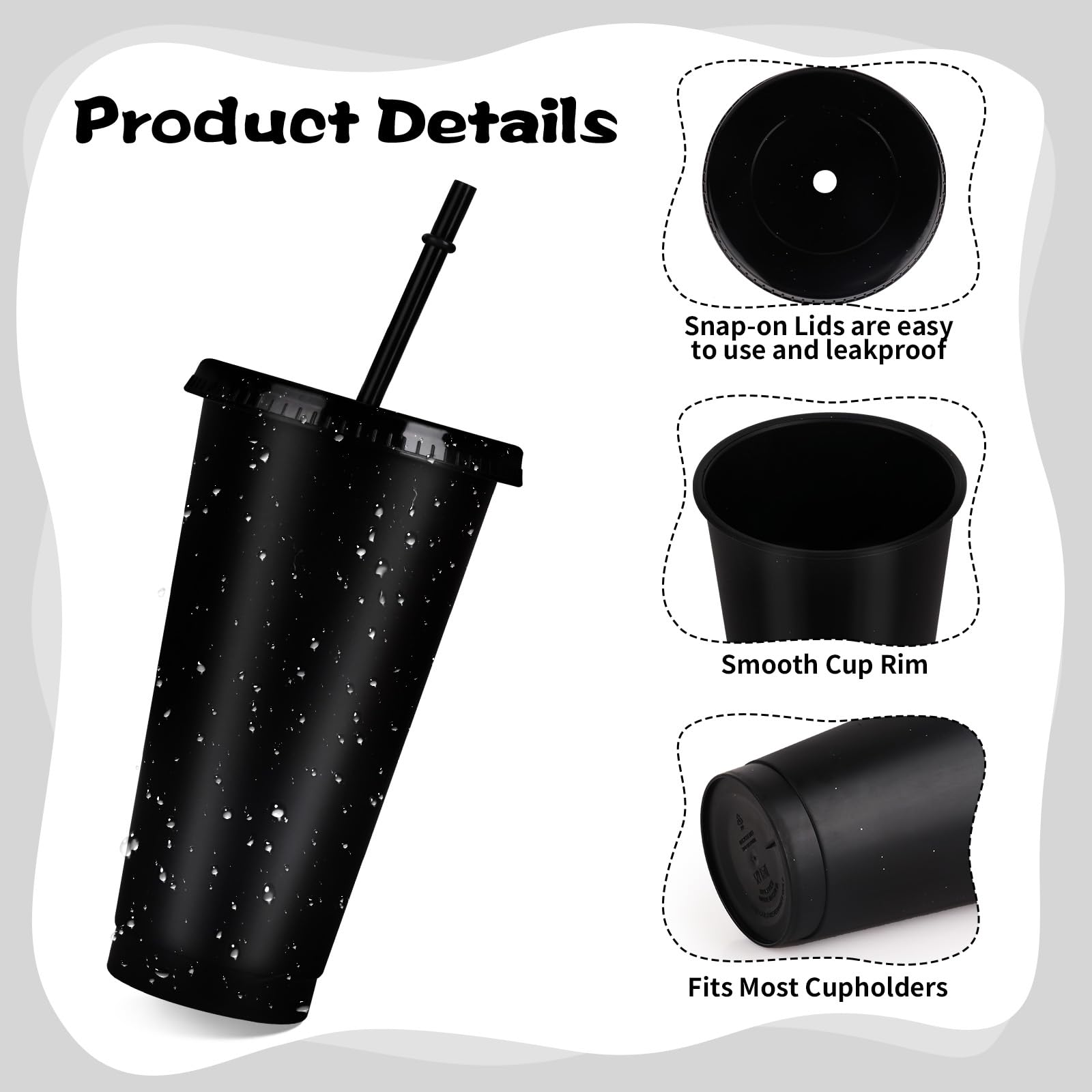 Hxezoc 16 Pieces Reusable Cups with Lids and Straws, 24 oz Glitter Plastic Tumbler Iced Coffee Cups Travel Mug Cup for Birthday Party, Smoothie Juices Beach Party, Bachelor Party (Black)