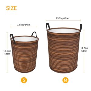 KArFri brown wood lath Large Laundry Basket Round Laundry Hamper Storage Basket Collapsible Laundry Baskets With Handles Dirty Clothes Basket Hampers for Bedroom Home Dorm Room Decor, Small