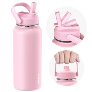 tourit 32 oz insulated water bottle, stainless steel water bottles with straw, double wall vacuum metal thermos for cold and hot drinks, leak proof bpa free water flask for sports and travel, pink