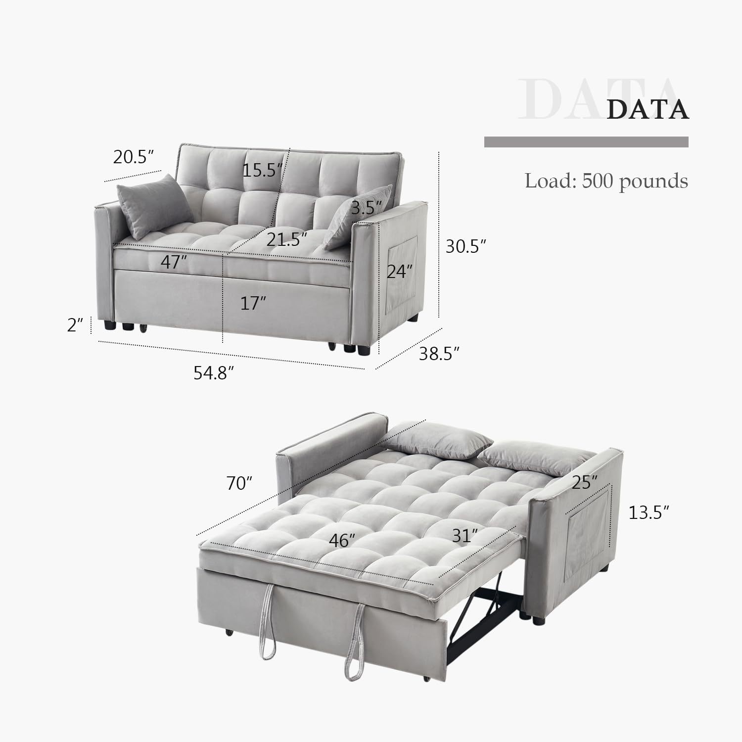 ECHINGLE 54.8'' Sleeper Sofa Bed 3-in-1 Convertible Couch with Pullout Bed, Reclining Backrest, Storage Pockets – Modern Space Lounge Furniture for Living Room, Includes Toss Pillows,Grey