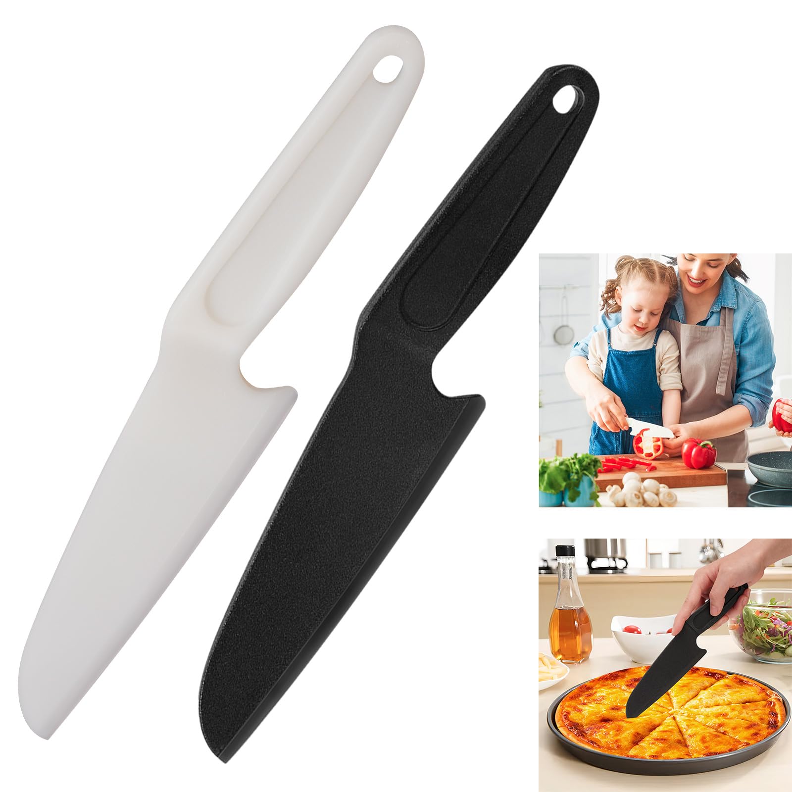 2 PCS Nylon Knife for Nonstick Pans, Safe Knife for Kids, Plastic Knives for Child Real Cooking, Food Grade Nylon Heat-resistant up to 428℉/220℃ (2-Comb-Black-White)