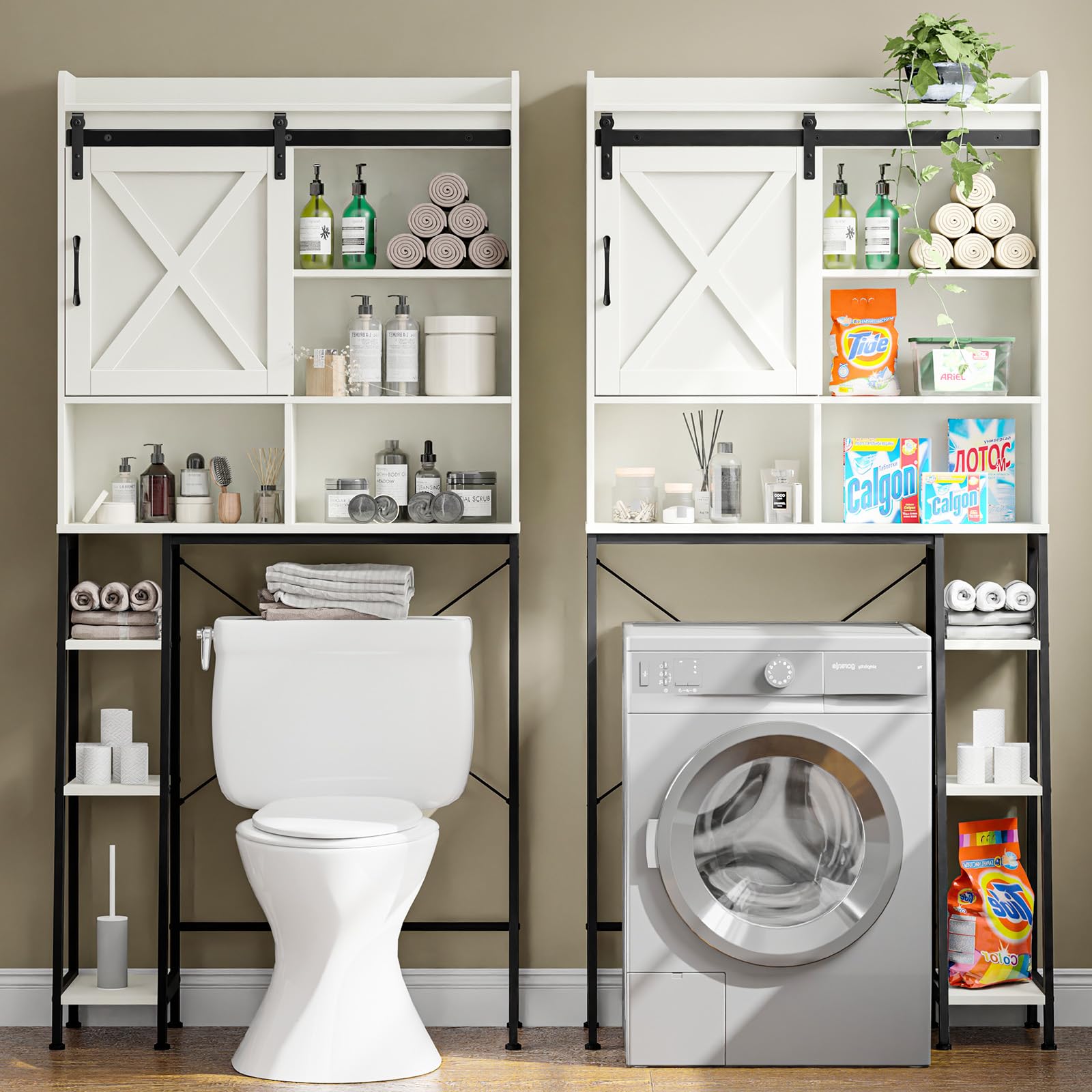 Over The Toilet Storage Cabinet, Farmhouse Storage Cabinet Over Toilet with Sliding Door & Toilet Paper Holder Stand，Home Space-Saving Toilet Rack, for Bathroom, Restroom, Laundry