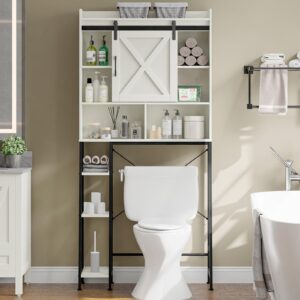 Over The Toilet Storage Cabinet, Farmhouse Storage Cabinet Over Toilet with Sliding Door & Toilet Paper Holder Stand，Home Space-Saving Toilet Rack, for Bathroom, Restroom, Laundry