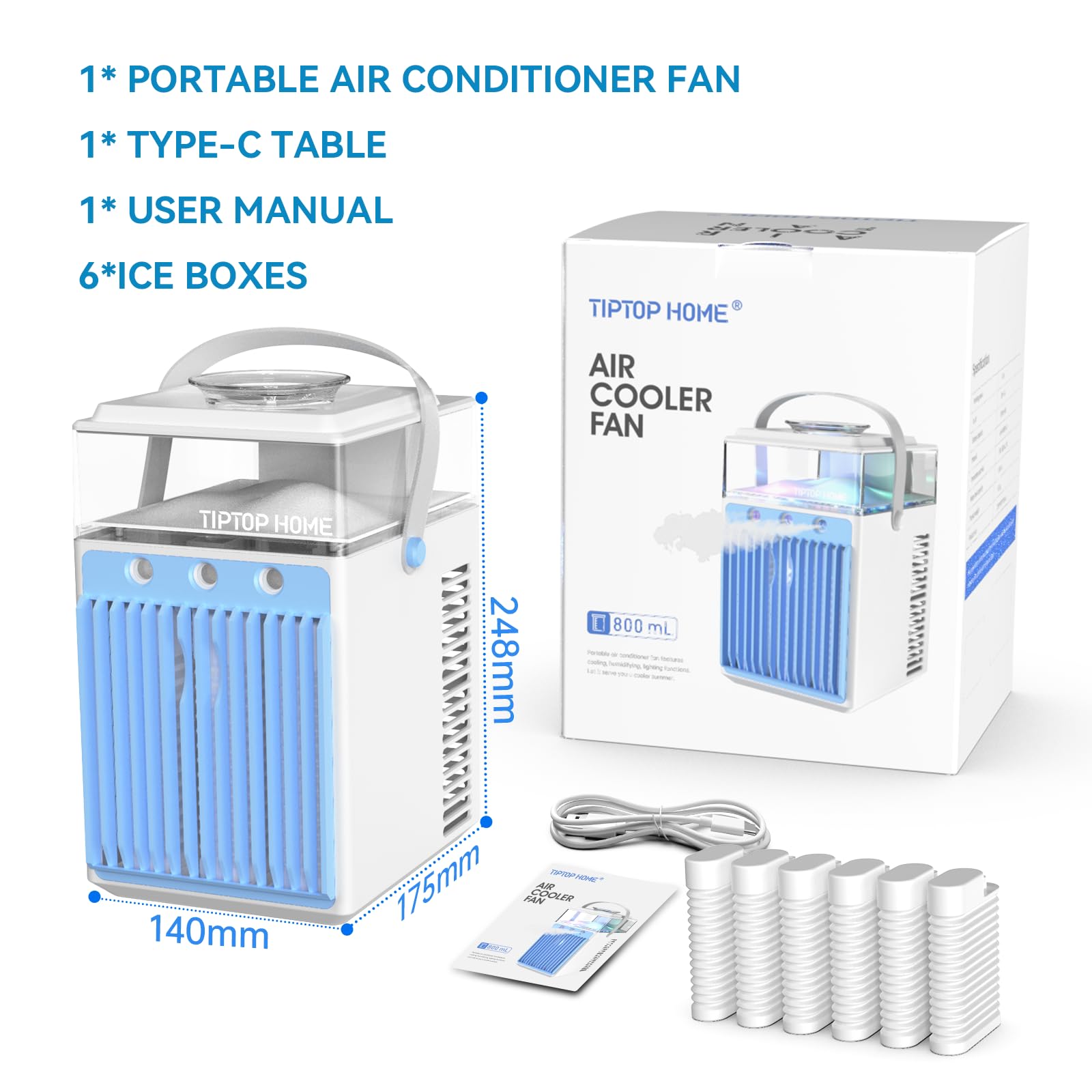 Portable Air Conditioners, 4 in 1 Rechargeable Mini Air Conditioner Evaporative Personal Cooler Humidifier with App Control, 800ML Mini AC Desktop Cooling Fan for Office Tent Bedroom