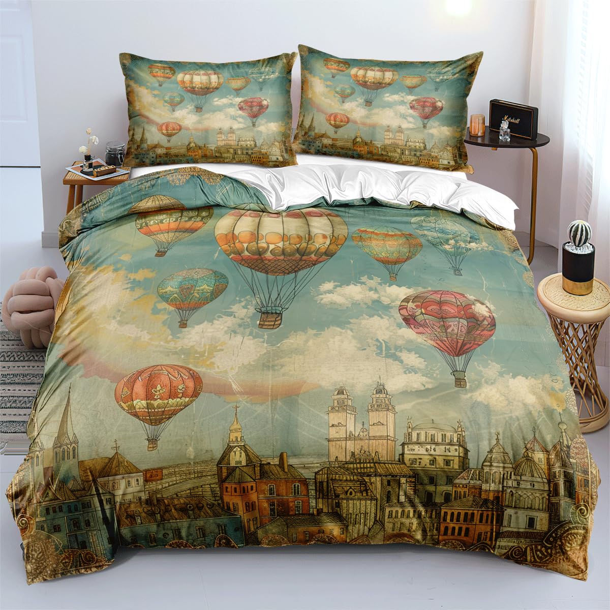 Ydtwnyq Hot Air Balloons Duvet Cover Set Hand Painted Style Floating Hot Air Balloons Print Bedding Set Decorative 3 Piece Quilt Set with 2 Pillow Shams Queen Size Olive Green