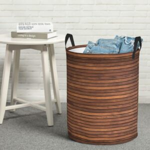 KArFri brown wood lath Large Laundry Basket Round Laundry Hamper Storage Basket Collapsible Laundry Baskets With Handles Dirty Clothes Basket Hampers for Bedroom Home Dorm Room Decor, Small