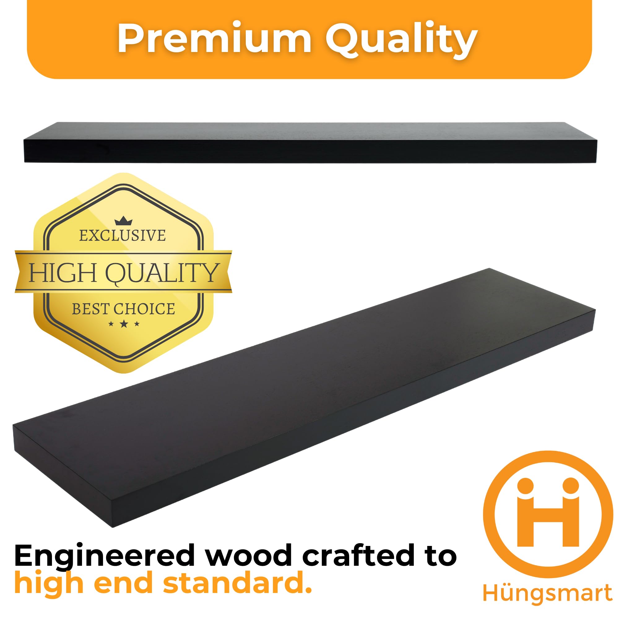 HÜNGSMART 60 Inch Wooden Floating Shelf – Supports 300lbs – 11.8inch Deep - Carpenter Designed - Engineered Wood 5 foot Long – Black Stained Walnut Finish– Includes Laser Welded Precision Wall Bracket