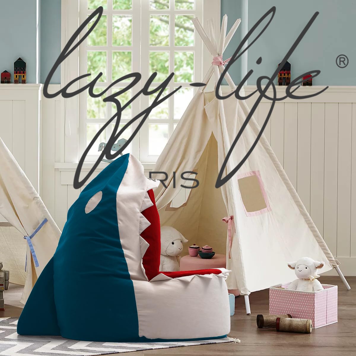 LAZY LIFE PARIS Bean Bag Chair Cover (No Filler) Original Design Shark Velvet Ultra-Soft for Kids & Adults Artwork at Home Stuffed Animal Chair Toy Storage