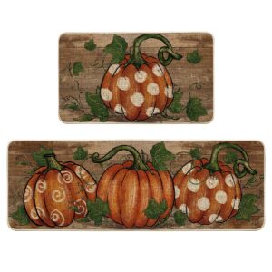 artoid mode wood dot pumpkin leaves fall kitchen mats set of 2, autumn home decor low-profile kitchen rugs for floor - 17x29 and 17x47 inch