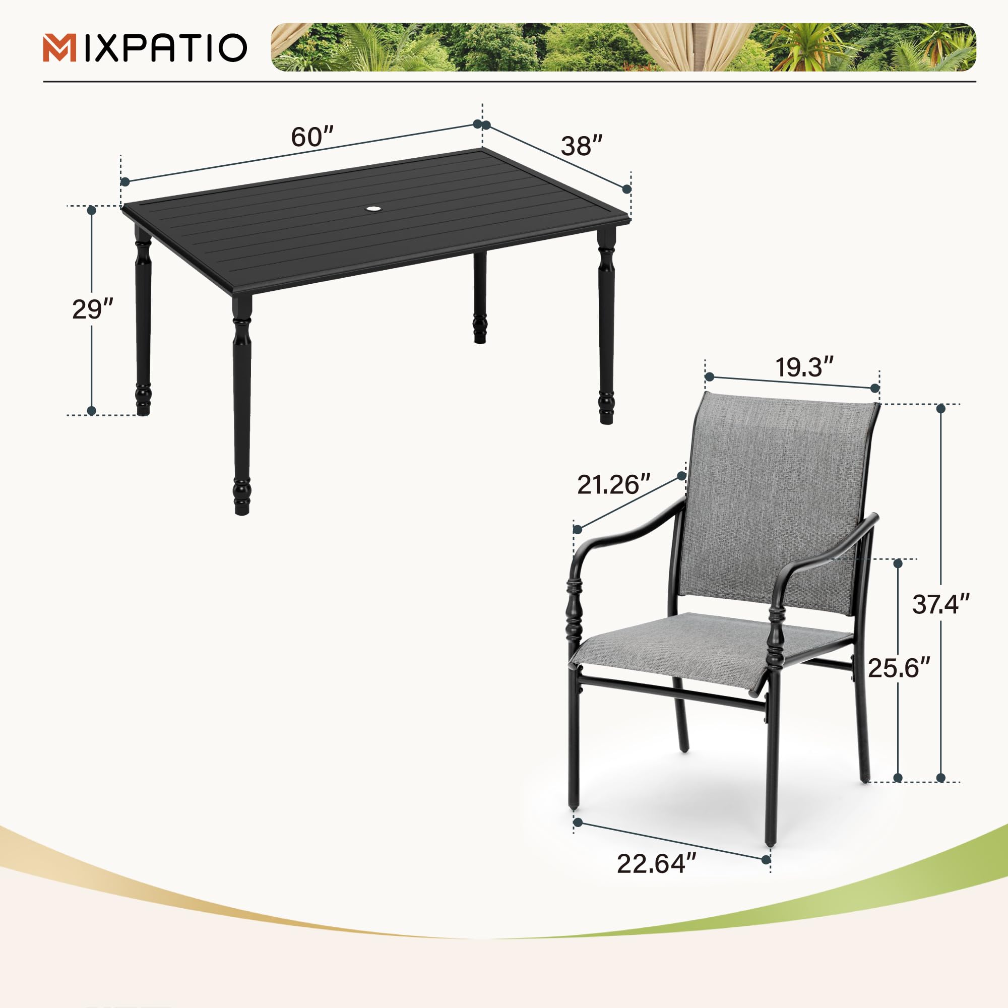 MIXPATIO 7 Pieces Patio Dining Set, Patio Dining Set for 6, 6 x Textilene Dining Chairs, 60" Rectangular Outdoor Dining Table with 1.77" Umbrella Hole, for Lawn Garden Backyard Deck, Grey