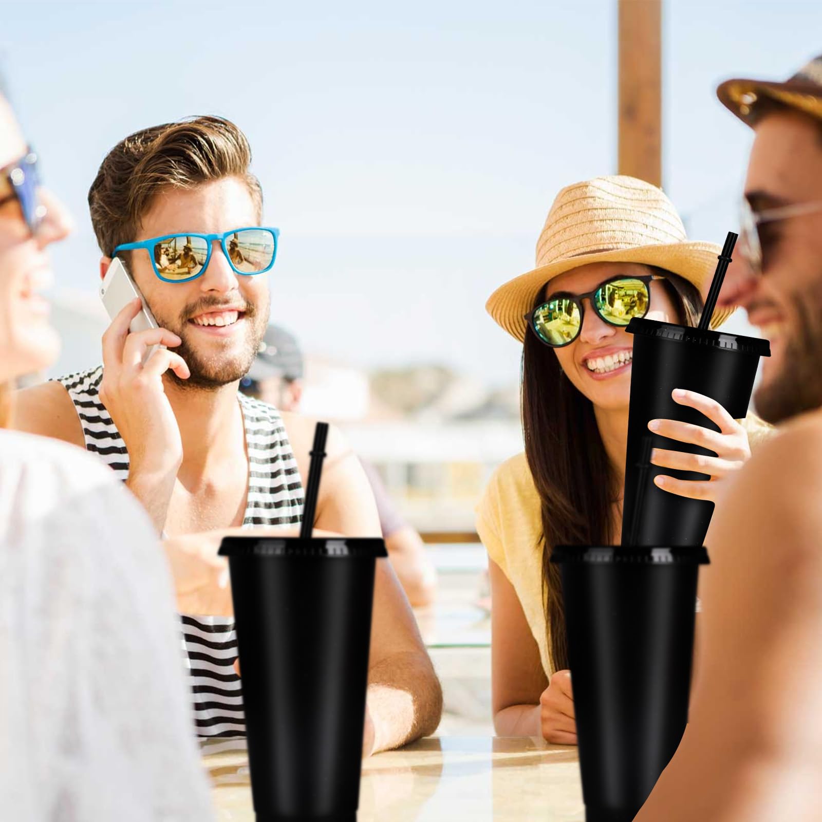 Hxezoc 16 Pieces Reusable Cups with Lids and Straws, 24 oz Glitter Plastic Tumbler Iced Coffee Cups Travel Mug Cup for Birthday Party, Smoothie Juices Beach Party, Bachelor Party (Black)