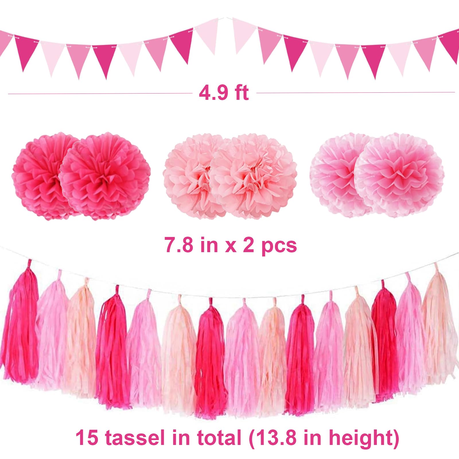 Cmaone Hotpink Party Decorations Pink Girls Paper Fan Birthday Baby Shower Tissue Pom Poms Streamers Bachelorette Party Supplies Tassel Garland Banner Wedding Decor