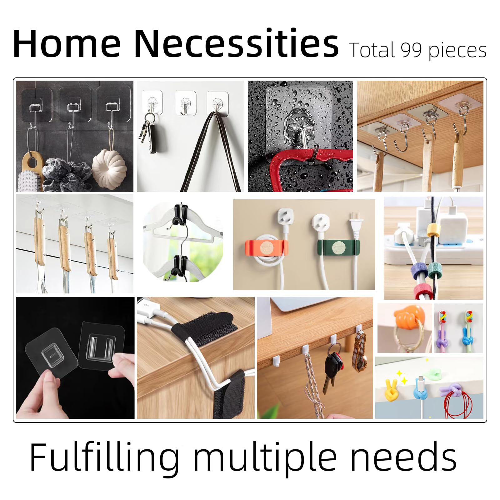 Practical Goodies 99 pcs,Easy to Have a Tidy Home,Nail-Free/Waterproof/Home Organization Command Hooks Sets,Picture Hanger/Wire&Cable Organizer etc.,