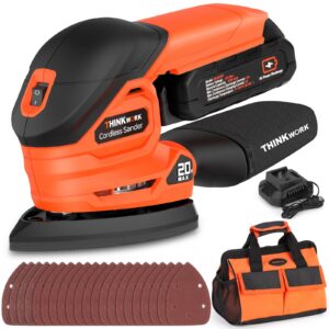 thinkwork cordless detail sander - 20v electric sander tool with 21pcs sandpapers, 12000 opm power sander with dust collection, battery, charger, bag, compact hand sanders for woodworking,sanding