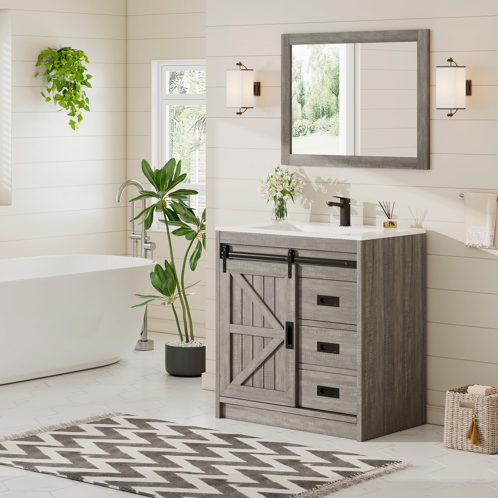 AMERLIFE Farmhouse Bathroom Vanity with Sink Combo, 31in Sliding Barn Door Bathroom Vanity Cabinet Set with Storage Drawers, Metal Handles, Small Single Bath Storage Vanity Sink, Light Grey