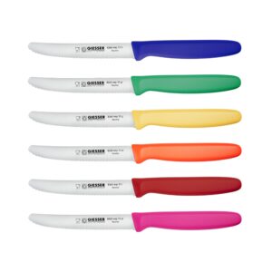 giesser since 1776, made in germany, colorful serrated utility kitchen knives round tip dishwasher safe 4.5 inch - paring knife, tomato knife, steak knives set of 6, restaurant knife