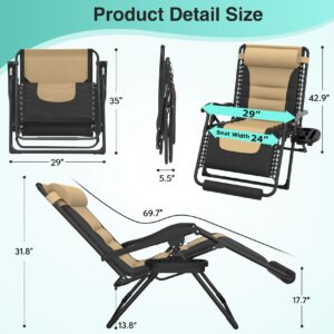 Suteck Oversized Zero Gravity Chair 29In XL Reclining Camping Chair w/Build-in Cushion, Outdoor Lounge Chairs Patio Recliner with Larger Cup Holder Footrest Padded Headrest, 330LBS, Khaki&Black