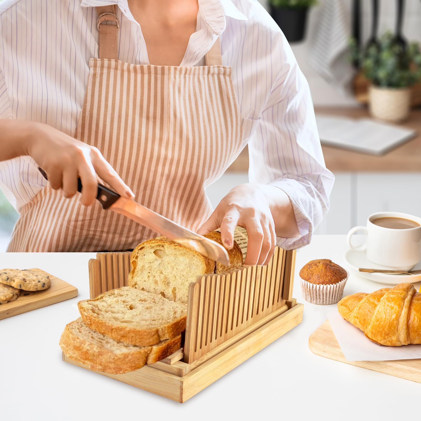 Bamboo Bread Slicer for Homemade Bread, Foldable Adjustable Slicing width Bread Slicing Guides, Makes Cutting Bagels or Even Bread Slices Easy