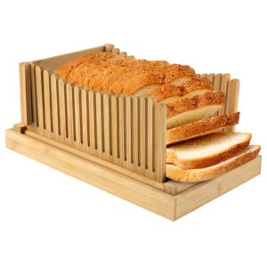 bamboo bread slicer for homemade bread, foldable adjustable slicing width bread slicing guides, makes cutting bagels or even bread slices easy