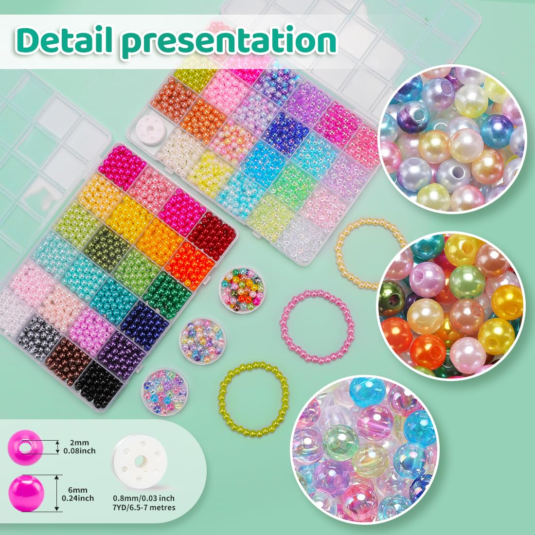 GAGANIU 2400pcs Pearl Beads, beads, 47 Colors beads for beacelets, Multicolor Bracelet Making Kit Round beads for Jewelry Making with Elastic String, DIY Crafts Beads Set.