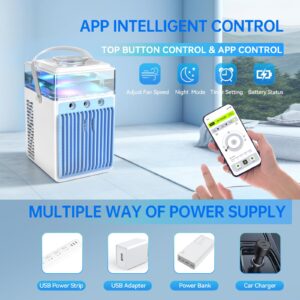 Portable Air Conditioners, 4 in 1 Rechargeable Mini Air Conditioner Evaporative Personal Cooler Humidifier with App Control, 800ML Mini AC Desktop Cooling Fan for Office Tent Bedroom