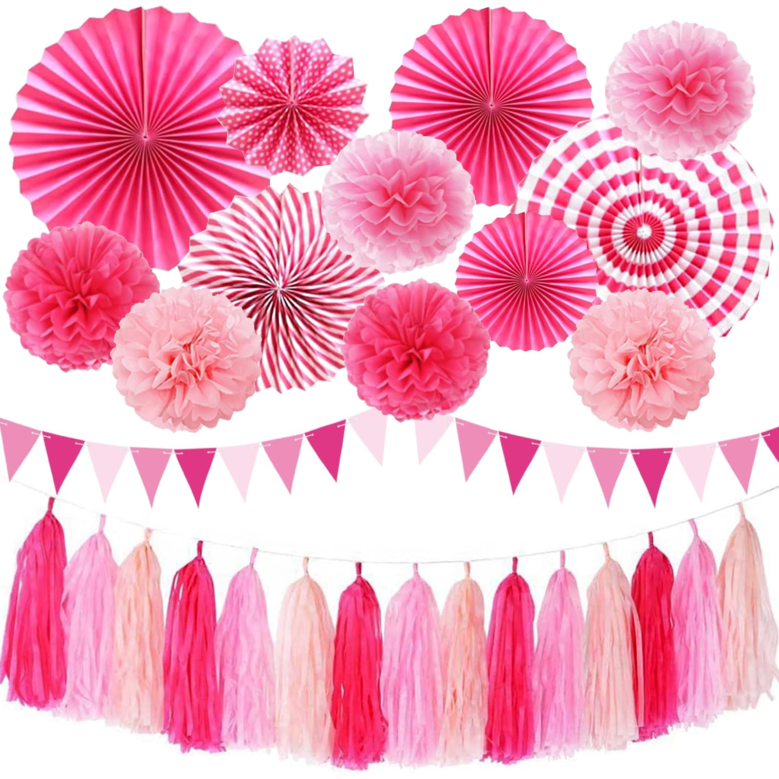 Cmaone Hotpink Party Decorations Pink Girls Paper Fan Birthday Baby Shower Tissue Pom Poms Streamers Bachelorette Party Supplies Tassel Garland Banner Wedding Decor