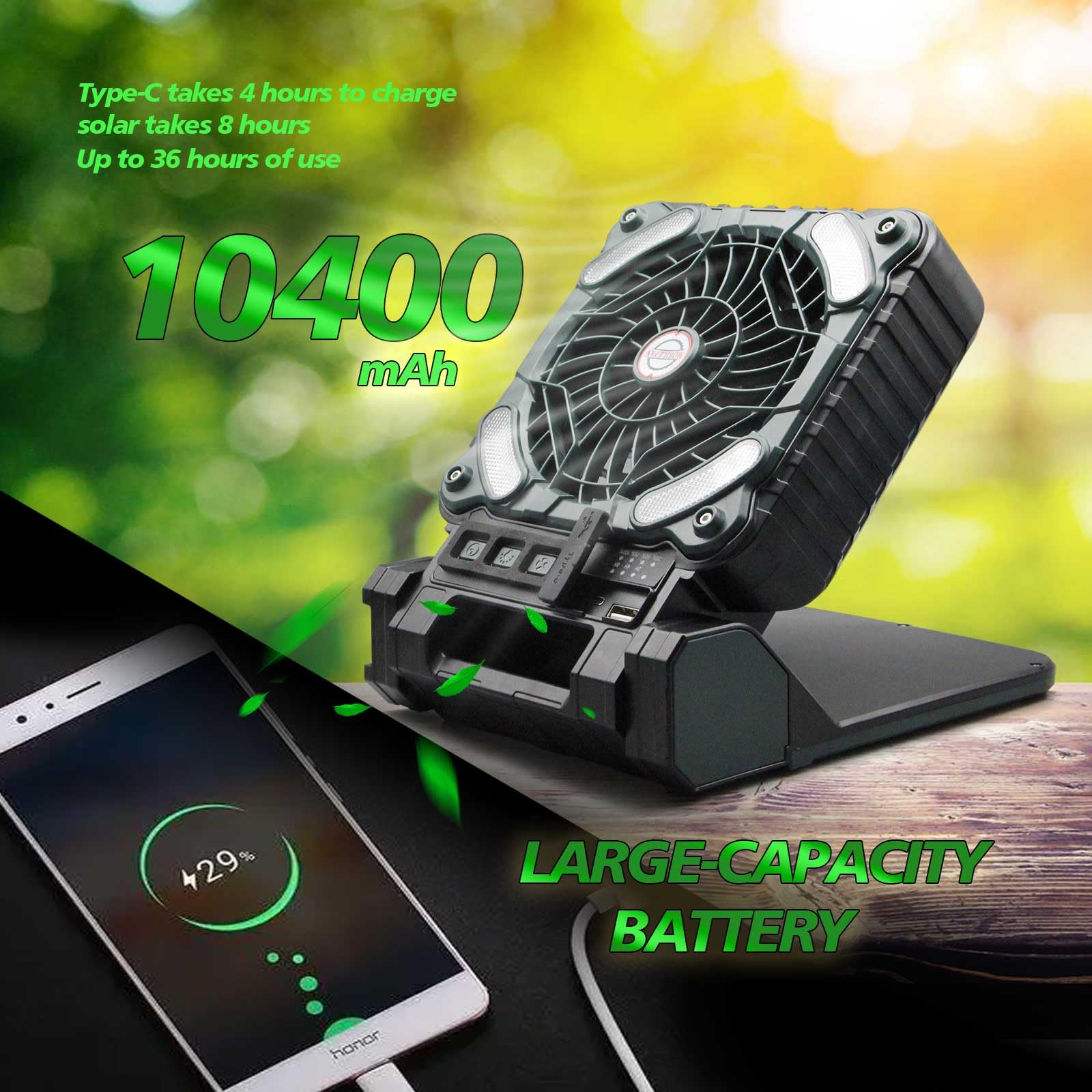 10400mAh Solar Camping Fan, High Power Rechargeable Portable Fan With LED, Used as A Emergency Power to Charge Mobile Phones in Outdoor, Picnic, Fishing