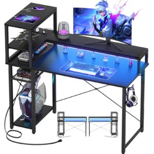 isunirm small gaming desk with storage, 39" computer desk with led lights, home office desk with adjustable shelves & power outlets, gaming computer desk with monitor stand for small spaces, black