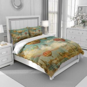 Ydtwnyq Hot Air Balloons Duvet Cover Set Hand Painted Style Floating Hot Air Balloons Print Bedding Set Decorative 3 Piece Quilt Set with 2 Pillow Shams Queen Size Olive Green