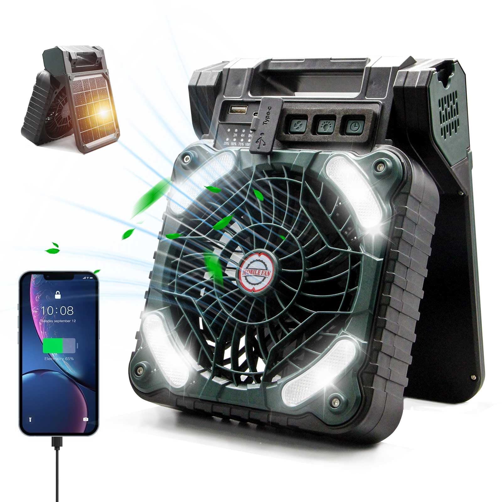 10400mAh Solar Camping Fan, High Power Rechargeable Portable Fan With LED, Used as A Emergency Power to Charge Mobile Phones in Outdoor, Picnic, Fishing