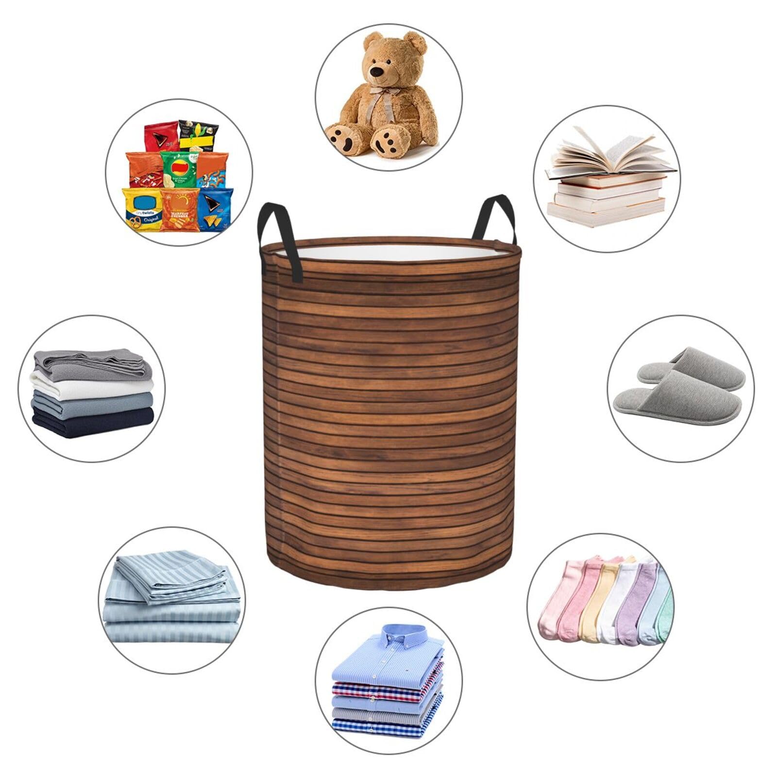 KArFri brown wood lath Large Laundry Basket Round Laundry Hamper Storage Basket Collapsible Laundry Baskets With Handles Dirty Clothes Basket Hampers for Bedroom Home Dorm Room Decor, Small