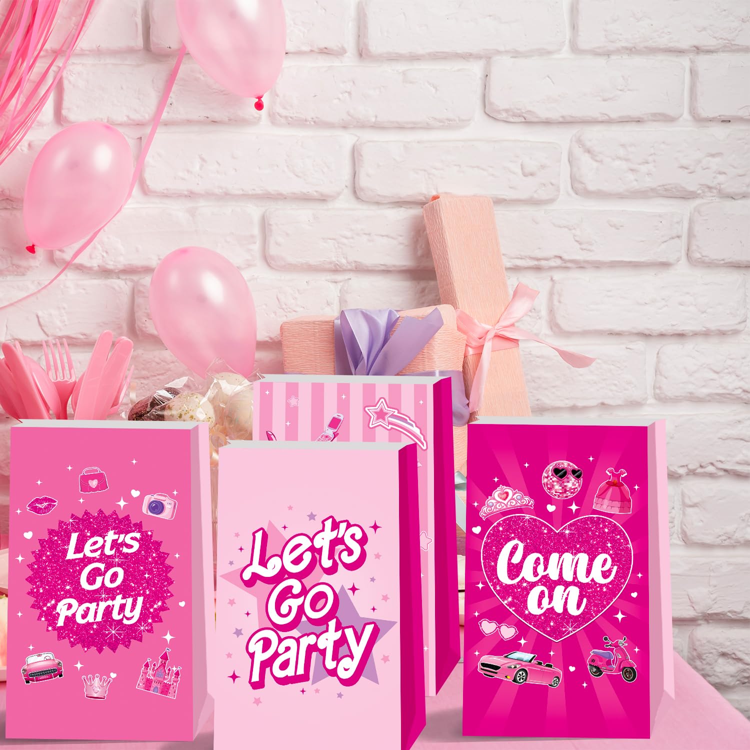 12 Pcs Pink Girl Party Bags, Princess Candy Goodie Treat Gift Bags, Hot Pink Party Favors Bags for Girls Kids Birthday Party Supplies, Princess Decoration Gift Bags for Girls Princess Theme Party