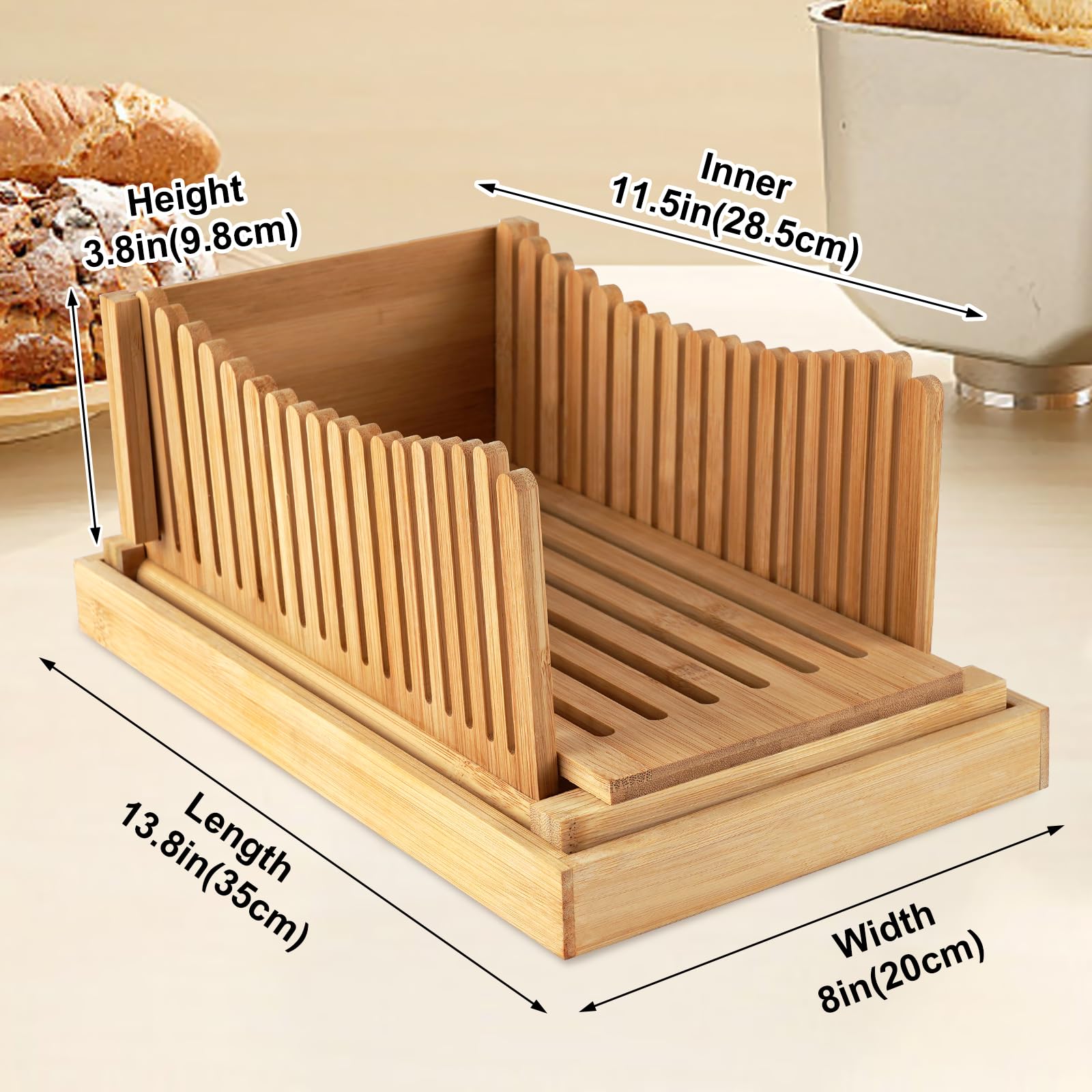 Bamboo Bread Slicer for Homemade Bread, Foldable Adjustable Slicing width Bread Slicing Guides, Makes Cutting Bagels or Even Bread Slices Easy