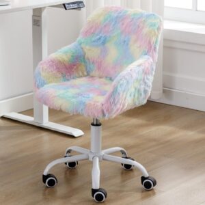 lukealon kids adjustable desk chair, furry study chair with swivel base cute faux fur reading chair comfy upholstered computer chair with arms for girls children, light colorful