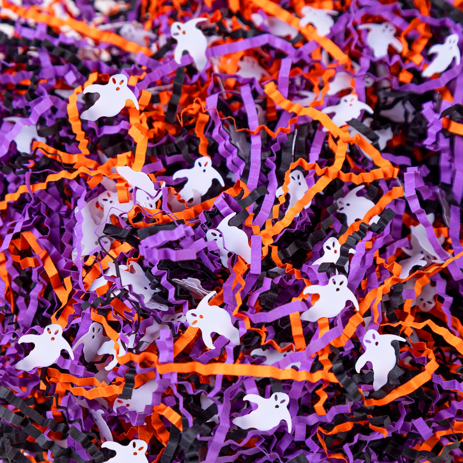 1LB Halloween Crinkle Cut Paper Shred, Black Orange Purple Raffia Paper Sherd Filler Grass with Ghost Decoration for Gift Wrapping Basket Filling Birthdays Weddings Party Supply