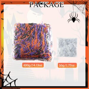 1LB Halloween Crinkle Cut Paper Shred, Black Orange Purple Raffia Paper Sherd Filler Grass with Ghost Decoration for Gift Wrapping Basket Filling Birthdays Weddings Party Supply