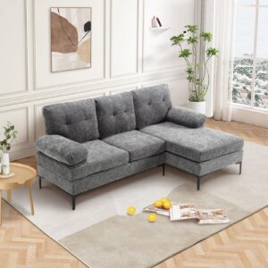 80 inch sectional sofa, modern comfy chenille l shape sofa with chaise lounge 3 seat sleep sofa with fluffy armrests deep seat sofa for living room small space apartment(grey)