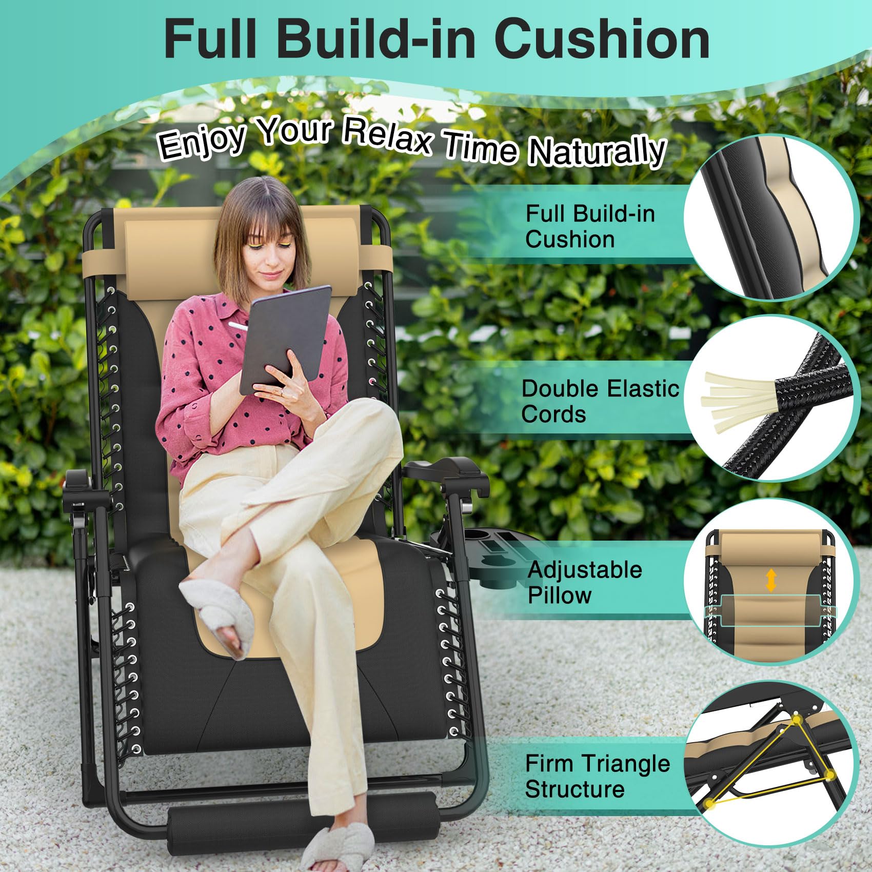 Suteck Oversized Zero Gravity Chair 29In XL Reclining Camping Chair w/Build-in Cushion, Outdoor Lounge Chairs Patio Recliner with Larger Cup Holder Footrest Padded Headrest, 330LBS, Khaki&Black