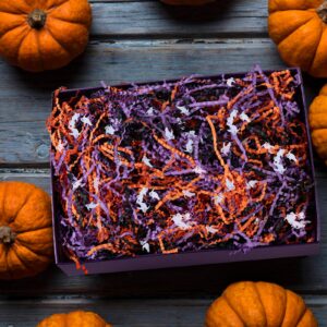 1LB Halloween Crinkle Cut Paper Shred, Black Orange Purple Raffia Paper Sherd Filler Grass with Ghost Decoration for Gift Wrapping Basket Filling Birthdays Weddings Party Supply