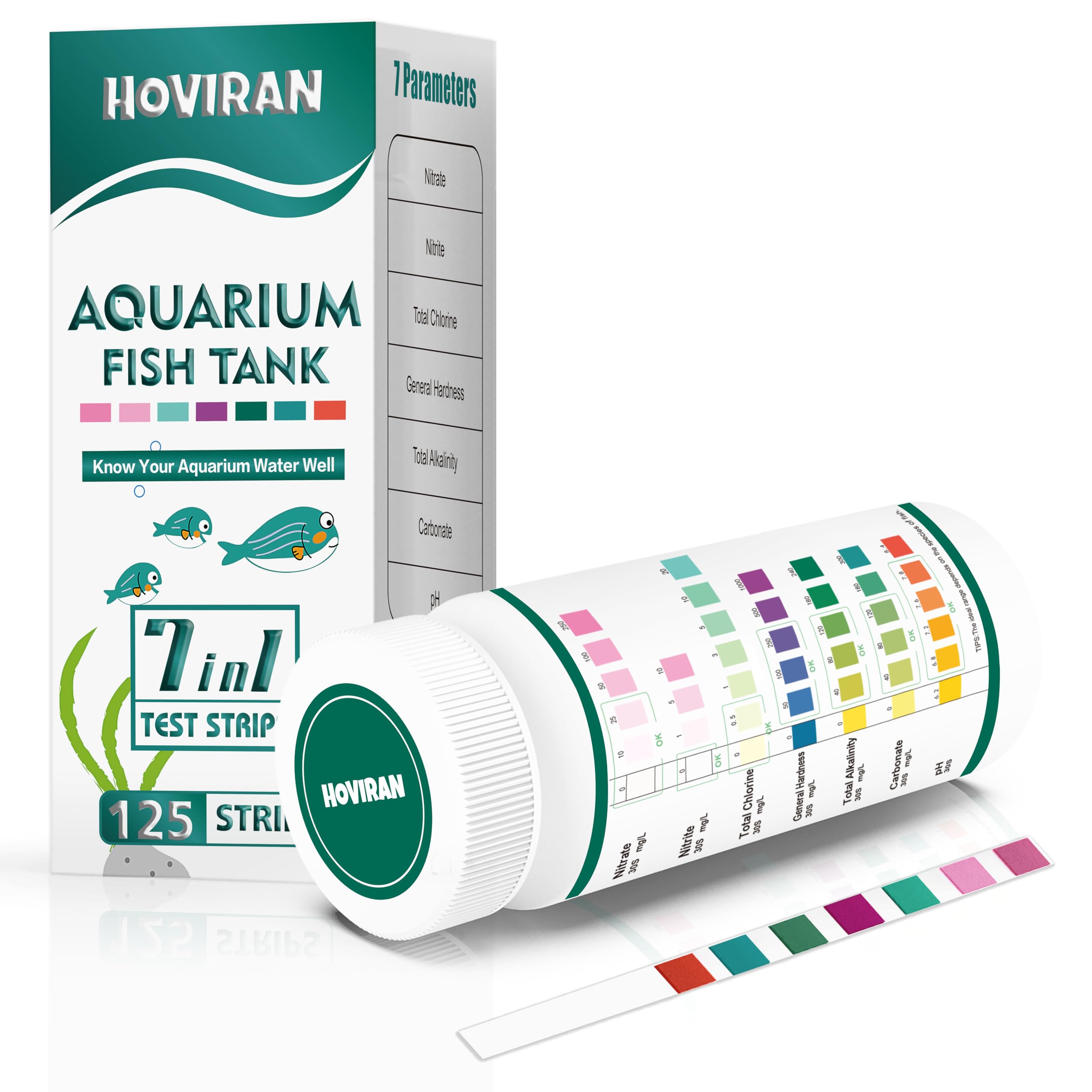 7 in 1 Aquarium Test Strips, 125 Count Fish Tank Test Strips for Freshwater Saltwater Pond, Water Testing Kit Aquarium for Chlorine, Total Hardness, Carbonate, Alkalinity, Nitrate, Nitrite and pH