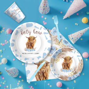 APOWBLS Highland Cow Baby Shower Decorations Tableware - Holy Cow Baby Boy Party Supplies, Paper Plate, Cup, Napkin, Disposable Fork, Blue Boho Highland Cow Baby Shower Table Decorations | Serve 24