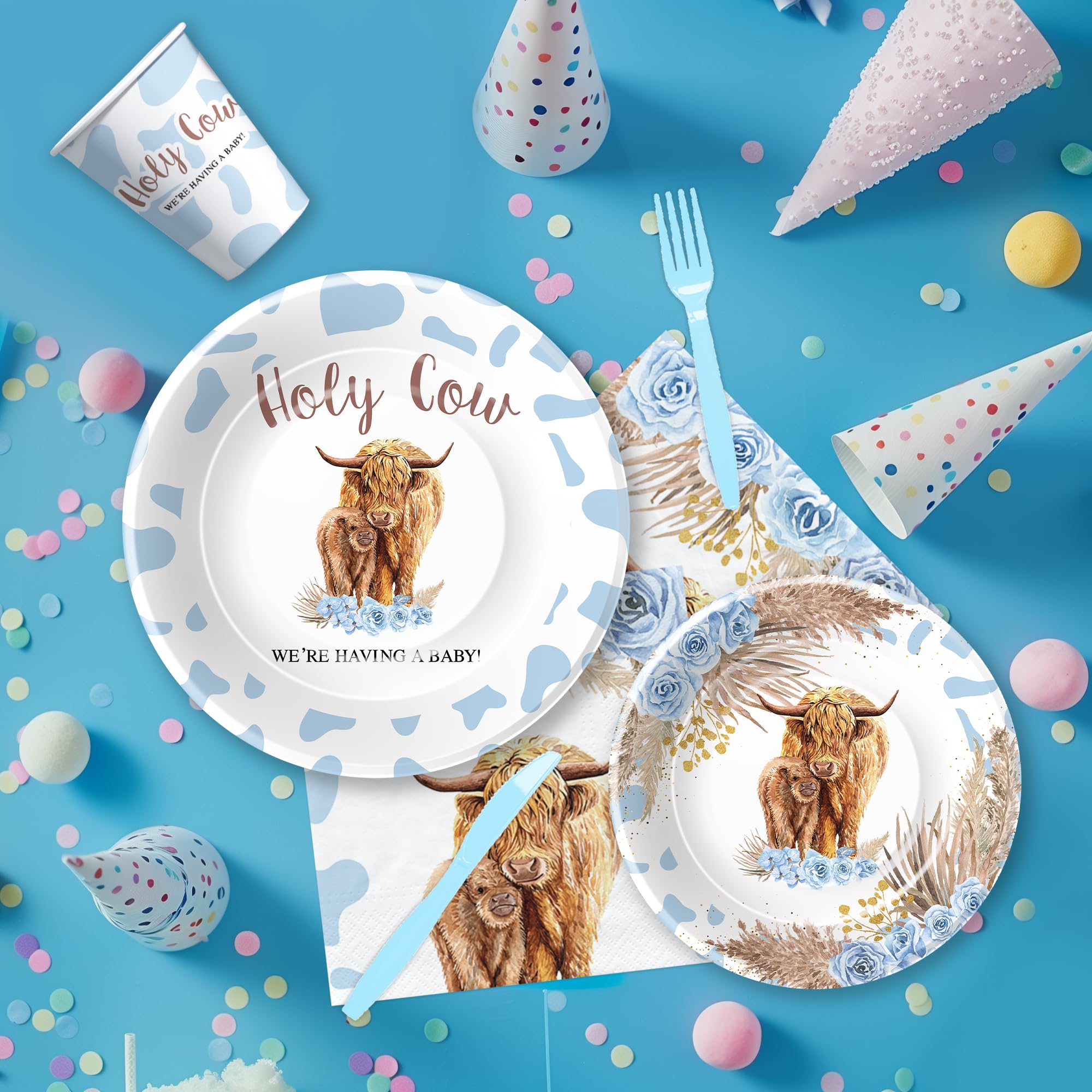 APOWBLS Highland Cow Baby Shower Decorations, Holy Cow Baby Boy Party Supplies Tableware, Paper Plate, Cup, Napkin, Tablecloth, Cutlery, Blue Boho Highland Cow Baby Shower Table Decorations | Serve 24