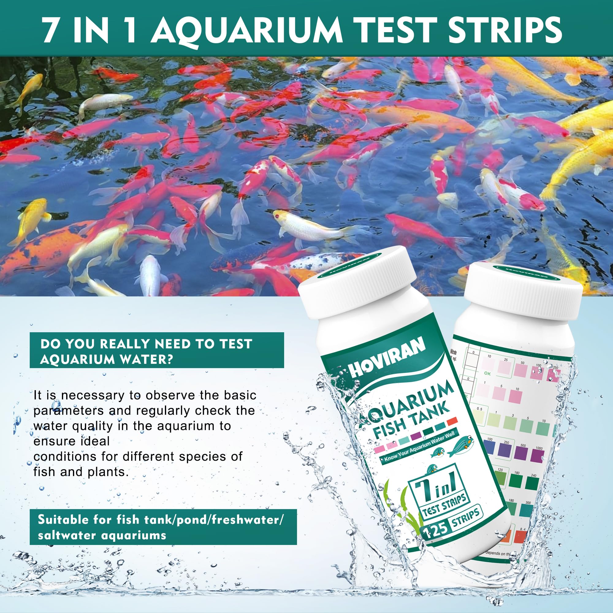 7 in 1 Aquarium Test Strips, 125 Count Fish Tank Test Strips for Freshwater Saltwater Pond, Water Testing Kit Aquarium for Chlorine, Total Hardness, Carbonate, Alkalinity, Nitrate, Nitrite and pH