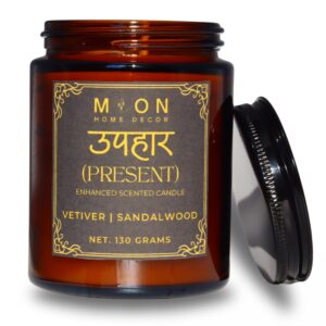 luxury aromatherapy candle | vetiver and sandalwood | natural soy | unique essential oils | pure cotton wick | best for gift, travel, home & bath, wellness | 130 grams | present