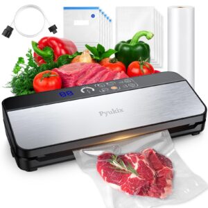 pyukix vacuum sealer machine, food sealer machine 80kpa fully automatic 8-in-1 food saver for dry/moist mode with build-in cutter&storage, air suction hose, digital countdown, roll bag, 11 vacuum bags