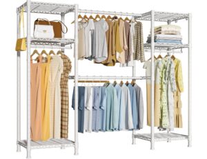 ulif e7 heavy duty garment rack, clothes organizer and storage rack with expandable hangers, metal clothing rack with 6 wire shelves, (52.3"-72") w x 14.5" d x 71.2" h, load 740 lbs, white